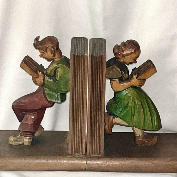 Accents | Pair Of Vintage Carved Wooden Bookends Boy Girl Reading A ...